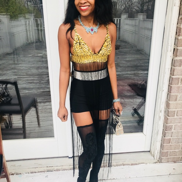 Tops | New Silver Sequin Black Long Fringe Tassel Bra Top | Poshmark